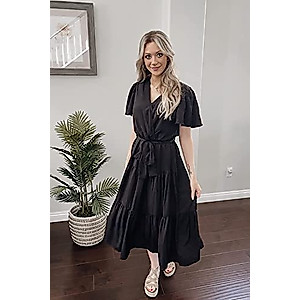 PRETTYGARDEN Summer Dresses for Women 2023 V Neck Wrap Short Sleeve Boho Midi Dress Tie Waist A Line Beach Sun Dresses (Black, Medium)