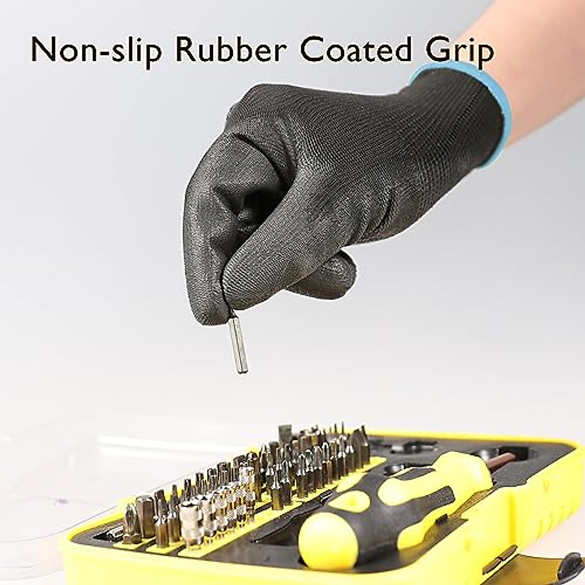 COOLJOB 13 Gauge Safety Work Gloves PU Coated 12 Pairs Large, Ultra-lite Polyurethane Working Gloves with Grip for Men Women, Seamless Knit for Warehouse Driver Worker, Bulk Pack Package, Black