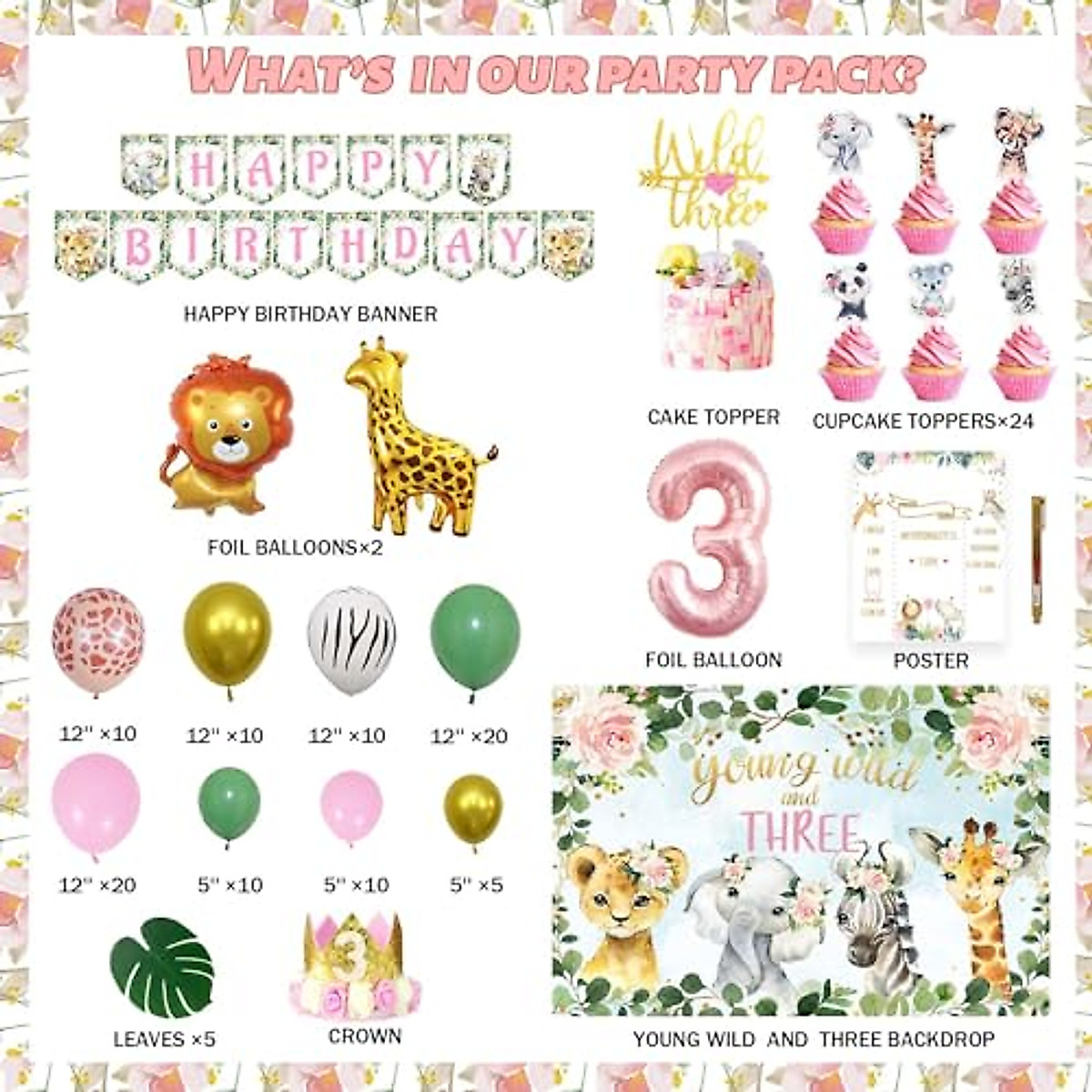 Fiesec Young Wild and Three Decorations Girl, Jungle Safari Animal Theme 3rd Party Decorations Backdrop Balloons Banner Cake Cupcake Topper Poster Crown Lion Cheetah Giraffe Pink 119 PCs