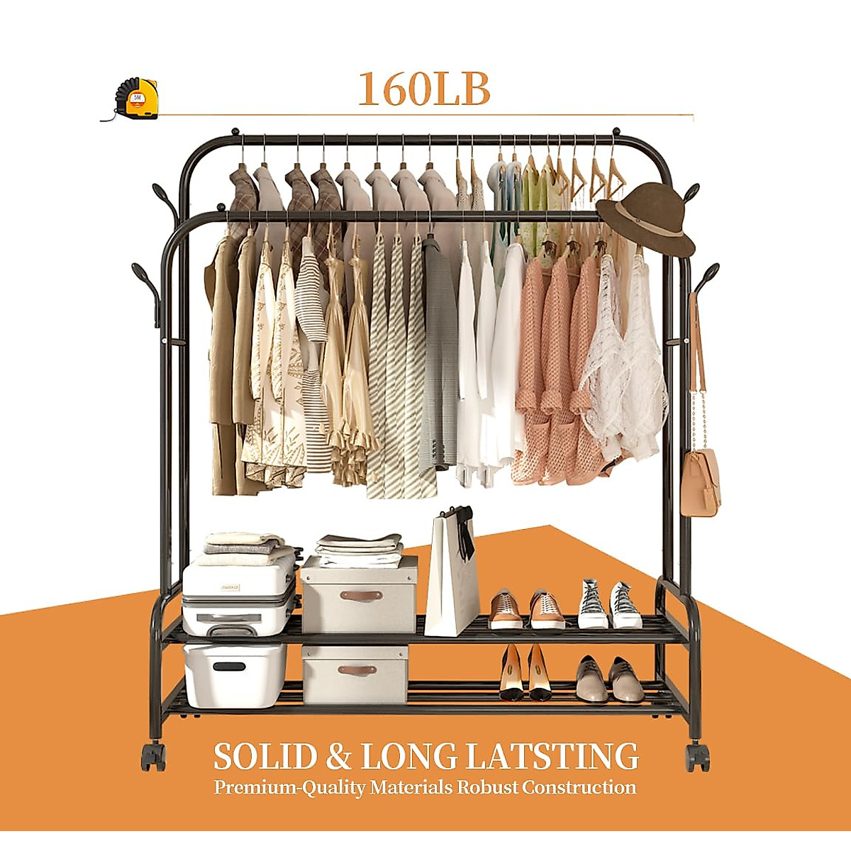 Antiwar Sturdy Metal Double Rodding Clothes Rack With Wheels, Portable Clothing Rack With Shelves & Hooks, Heavy Duty Garment Racks for Hanging Clothes, Multi-Functional Closet Rack for Bedroom, Black