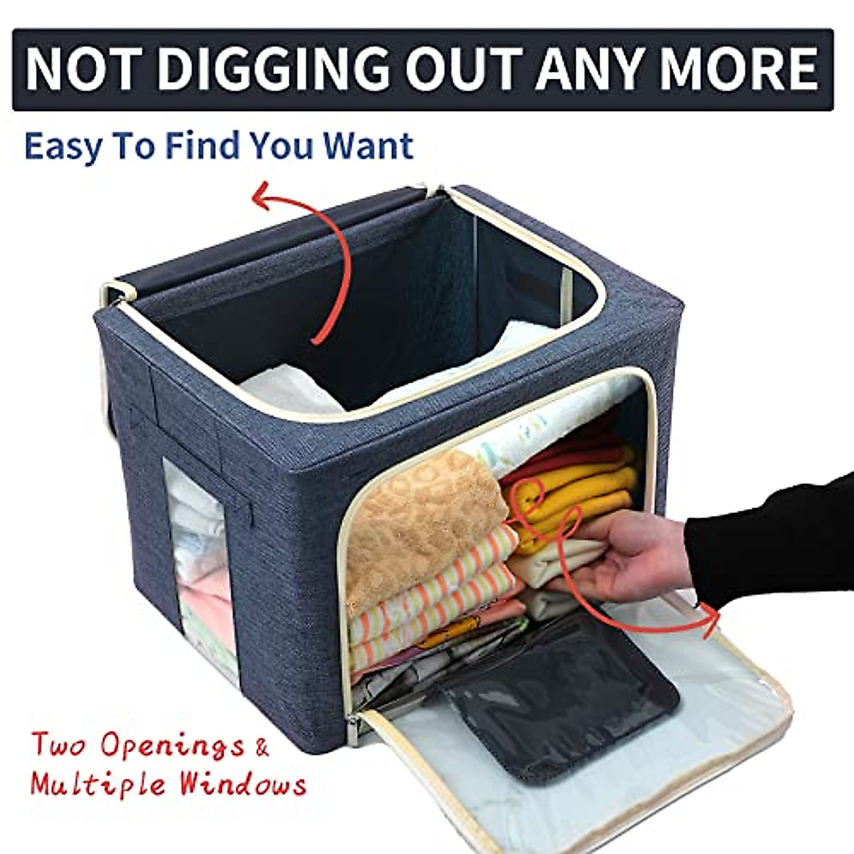 Furnhome 6 Pack Sturdy Clothes Storage Bins Organizer Containers, Stackable Storage Bins-Foldable Steel Frame Storage Box for Clothing Storage with Clear Window & Reinforced Handles