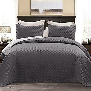 Exclusivo Mezcla Ultrasonic Reversible 3 Piece King Size Quilt Set with Pillow Shams, Lightweight Bedspread/Coverlet/Bed Cover - (Grey, 92"x104")