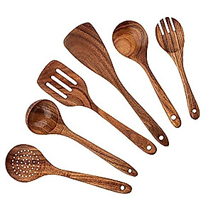 Meiyon Wooden Spoons for Cooking ,Non stick spatula utensil Set Non-stick cookware, Pan Kitchen Tool Wooden Spoons and Wooden spatula for cooking salad fork, Kitchen Utensils -6pcs
