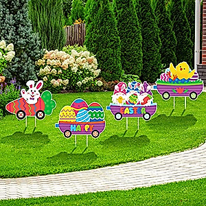 4 Pcs Easter Yard Signs with Stakes Happy Easter Yard Decorations Outdoor Train Easter Lawn Signs Bunny Carrot Gnomes Chick Easter Egg Garden Sign for Easter Lawn Decorations Party Supplies Props