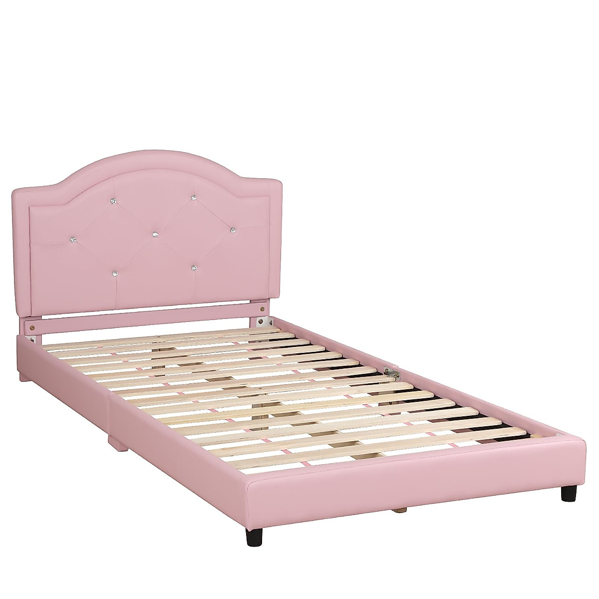 Leather Kids Twin Bed , Crystal Button Adjustable Height Headboard Children's Bed, Wooden Slat Base Toddler Bed ,Upholstered Twin Bed for Kid, Fits Standard Twin Mattress(75"Wx39"D) (Pink)