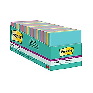 Post-it Super Sticky Notes, 3 in x 3 in, 24 Pads, 2x the Sticking Power, Miami Collection, Neon Colors (Orange, Pink, Blue, Green), Recyclable(654-24SSMIA-CP)