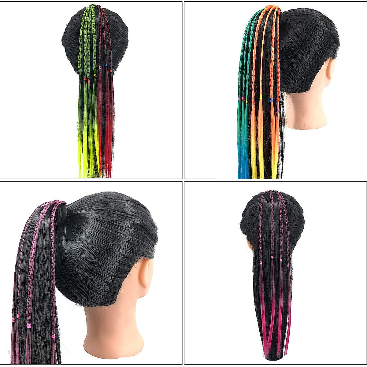 12 Pieces Colored Braids Hair Extensions with Rubber Bands Rainbow Braided Synthetic Hairpieces Ponytail Hair Accessories for Women Kids Girls Party Highlights Cosplay Dress Up