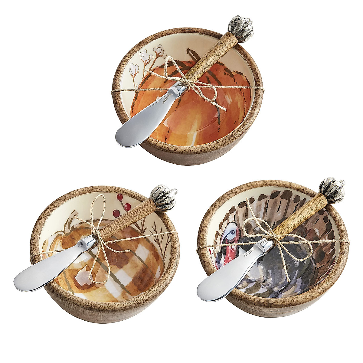 Mud Pie, Turkey, Enamel Harvest Dip Bowl Set, cup 3" x 5" dia | spreader 6 1/2"