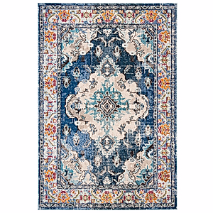 SAFAVIEH Monaco Collection Area Rug - 5'1" x 7'7", Navy & Light Blue, Boho Chic Medallion Distressed Design, Non-Shedding & Easy Care, Ideal for High Traffic Areas in Living Room, Bedroom (MNC243N)