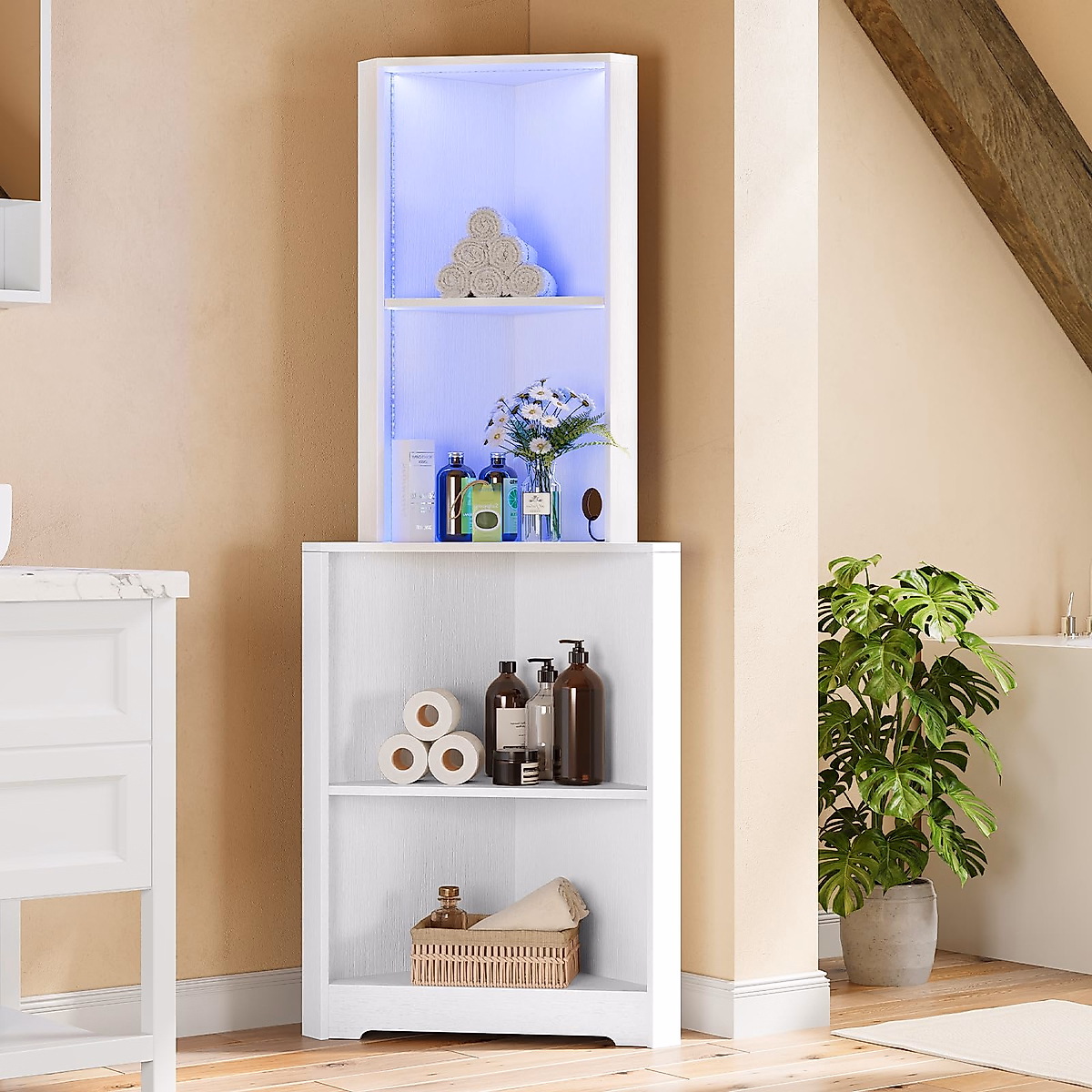 YITAHOME Corner Shelf Stand with Led Light, 5 Tier Corner Bookshelf and Bookcase, Wooden Open Corner Cabinet Display Storage Rack for Bedroom,Living Room, Dining Room, Home Office, Kitchen, White