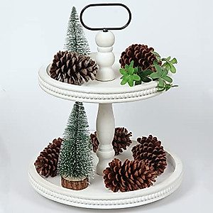 Carah&Cossh Distressed White Wood Two-Tier Tray with Metal Handle, Two Tier Stand with Beads，Farmhouse 2 Tier Serving Tray for Coffee Bar, Kitchen Counter, Dining Room Table(White)