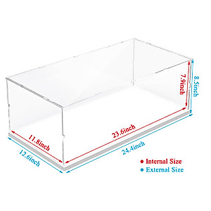 Thickened Clear Acrylic Display Case with Wood-Plastic Base for Lego 42096 42172 42143 42083 42156 Figures Transparent Box Large Organizer Protection, White Inside 23.6X11.8X7.9inch