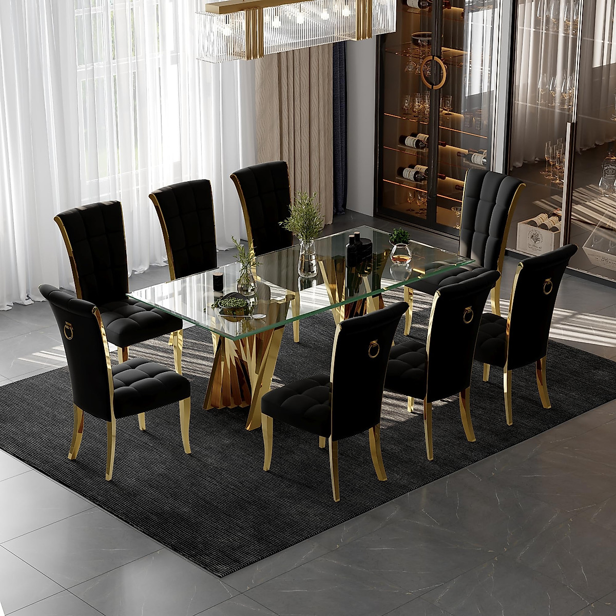 Asday Black Velvet Dining Chairs, Metal Back Ring Pull Trim and Golden Legs, Black and Gold Dining Chair for Dining Room, Apartment, Kitchen (Black, Set of 12)