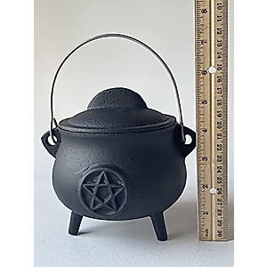 Pentagram Pentacle cast Iron Cauldron with lid and Handle, Witches Cauldron, Great for use with Charcoal Incense, Smudge Sage (Large 5.5 Inches)