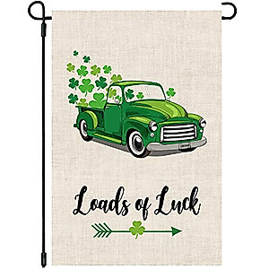 PTFNY St. Patrick's Day Garden Flag Truck Loads of Luck Clovers Irish Green Shamrocks Saint Patrick's Day Yard Flags Double Sided 12 x 18 Inch St. Patty's Outdoor House Yard Lawn Decorations
