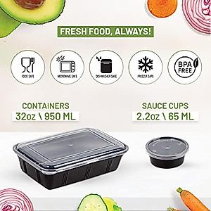 Plastic Meal Prep Container Set (28 Pieces) - 32 oz Food Storage Containers (14PCS) & 2 oz Sauce Cups with Lids (14PCS) - Microwavable & Freezable Reusable Lunch Boxes - BPA-Free Dishwasher Safe