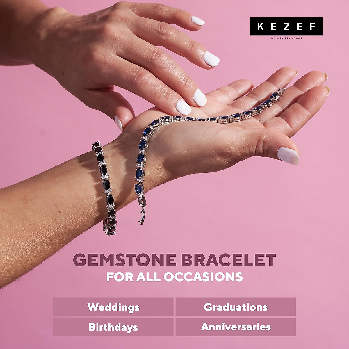 KEZEF Tennis Bracelets For Women - Cubic Zirconia - Oval 7x5mm Blue Sapphire Gemstones - Round 2.50mm White CZ - Silver Plated Brass - 7 Inch - Hypoallergenic Bracelets