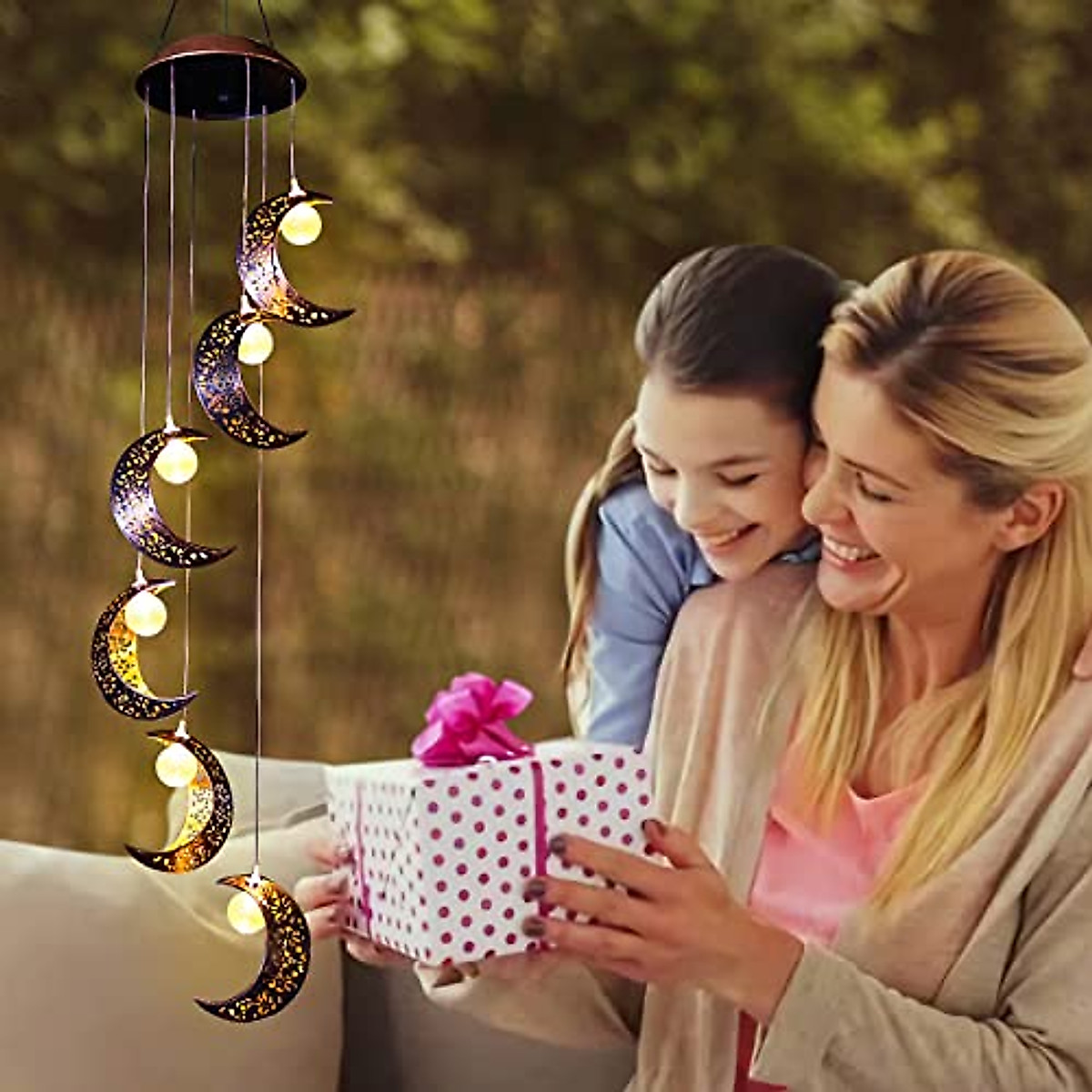 Tryme Solar Moon Wind Chimes Outdoor Solar Lights Windchimes Waterproof Hanging Decorations Gifts for Garden Patio Birthday Thanksgiving Home Party