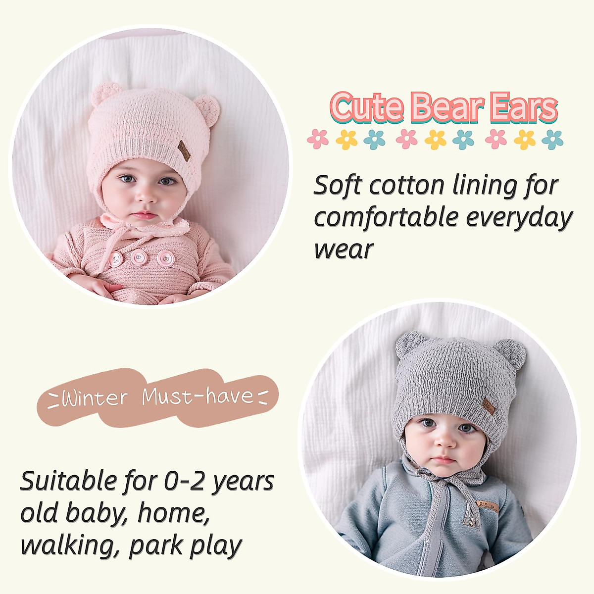 Winter Baby Girl Knitted Hat Autumn Earflap Beanie Warm Pompom Infant Toddler Boys Hats (Bear(Pink+White), M)