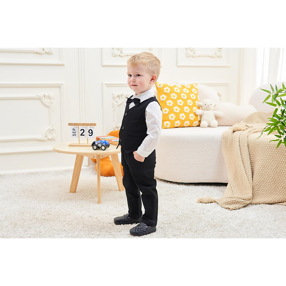 Toddler Boy Clothes Suit Gentleman Wedding Outfits, Formal Dress Shirt+Bowtie+Vest+Pants, US 18-24 Months = Tag 90