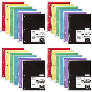 Mead Spiral Notebooks, 24 Pack, 1-Subject, Wide Ruled Paper, 10-1/2" x 8", 70 Sheets per Notebook, Assorted Colors (05510)