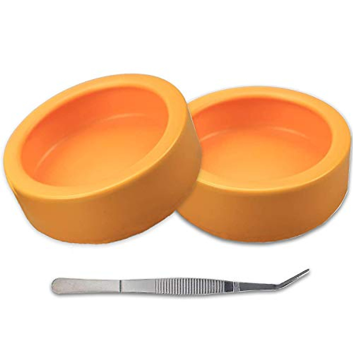 2 Pack Worm Dish Reptile Food Bowl Bearded Dragon Ceramic Bowl with Feeding Tongs (Yellow-Large)