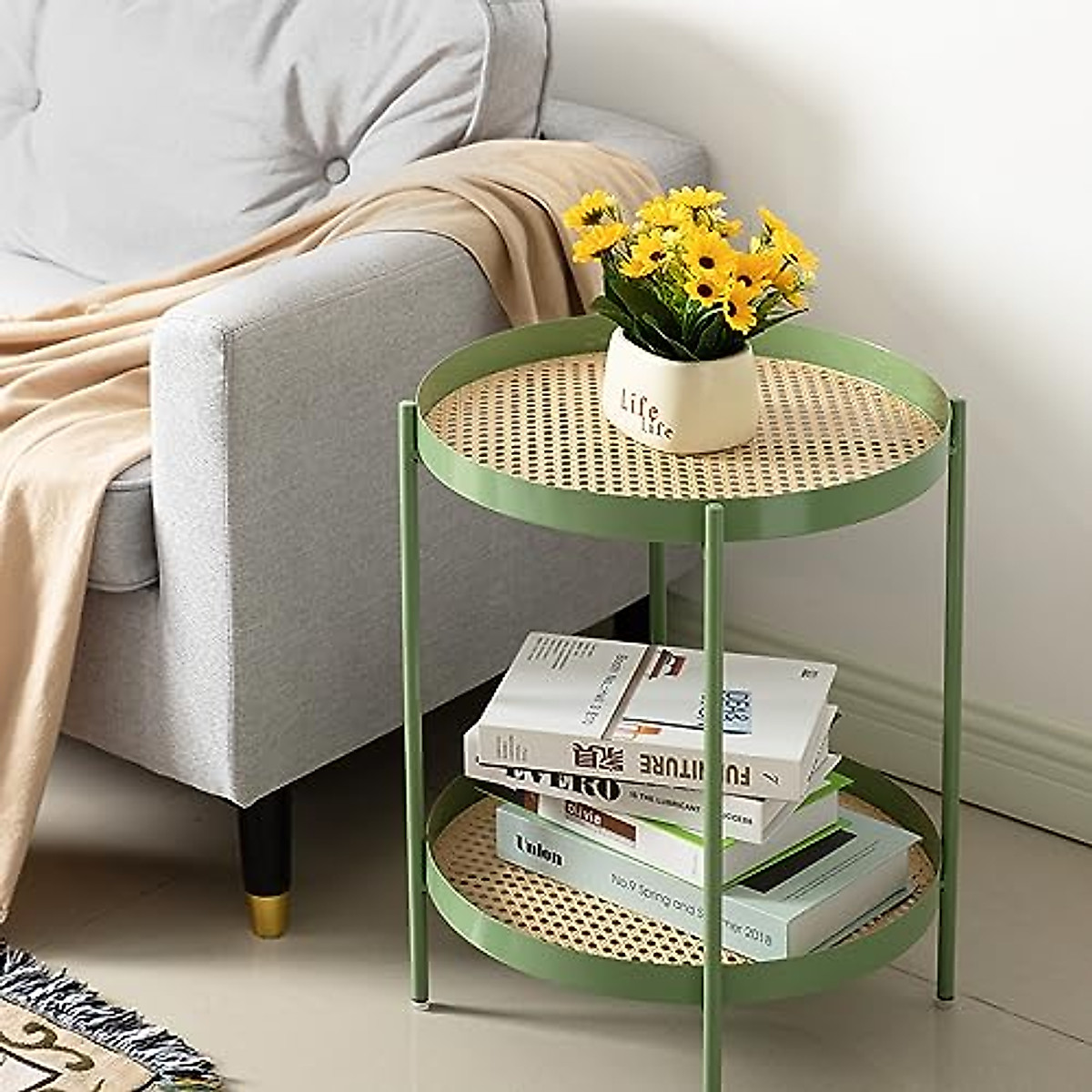 danpinera Metal Side Table, Imitation Rattan Green End Table with 2 Tier Removable Tray, Round Table for Small Spaces, Small Tables for Living Room 20.47 Inch x 16.54 Inch
