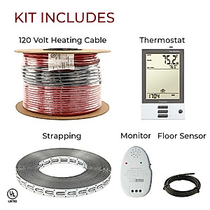 LuxHeat Floor Heating Cable Set, 20 Sqft - 120v Electric Radiant Floor Heating System Under Tile. Set Includes, Floor Heating Cable, Strapping, UDG OJ Microline Programmable Thermostat with GFCI