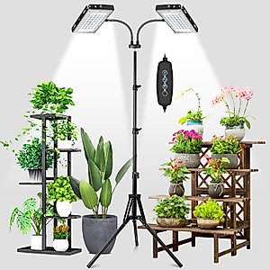 Gilouppe Grow Lights for Indoor Plants, 120 LEDs 6000K Full Spectrum Growing Lamp with Adjustable Tripod Stand 16-63", Dual Heads Plant Light for Indoor Plants with Auto On/Off Timer, 3 Switch Modes