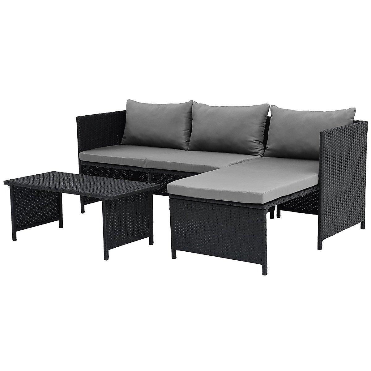 Olaterior 3 Piece Patio Furniture Set, Outdoor Sectional Sofa, All-Weather Black PE Wicker Rattan Patio Conversation Set with Cushion & Coffee Table, Modern Outdoor Couch for Lawn Porch Backyard, Grey