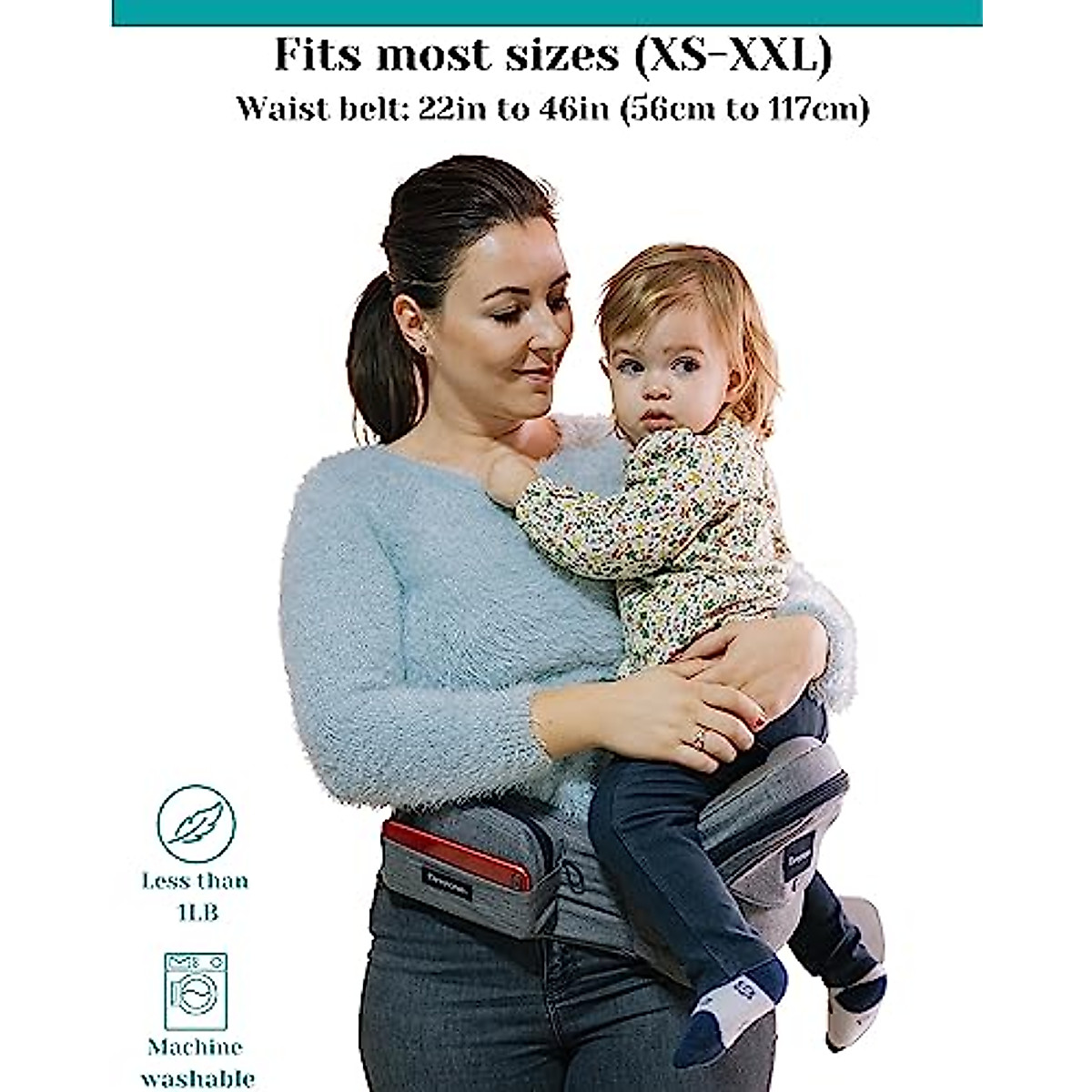 FLEEROSE - CPC-Certified Hip Seat Baby Carrier - New Ergonomic Bench Design, Multiple Pockets & Lumbar Support & Breathable Materials for Newborns & Toddlers, All Seasons & 4 Positions (Carrier, Grey)