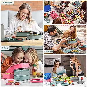 DaCool Lunch Box Adults Bento Box - 74 OZ All-in-One Stackable Lunch Box Containers for Adult Large Bento Box with Fork Spoon Sauce Boxes, Leakproof Lunchbox for Work School Dining Out, Morandi-Green