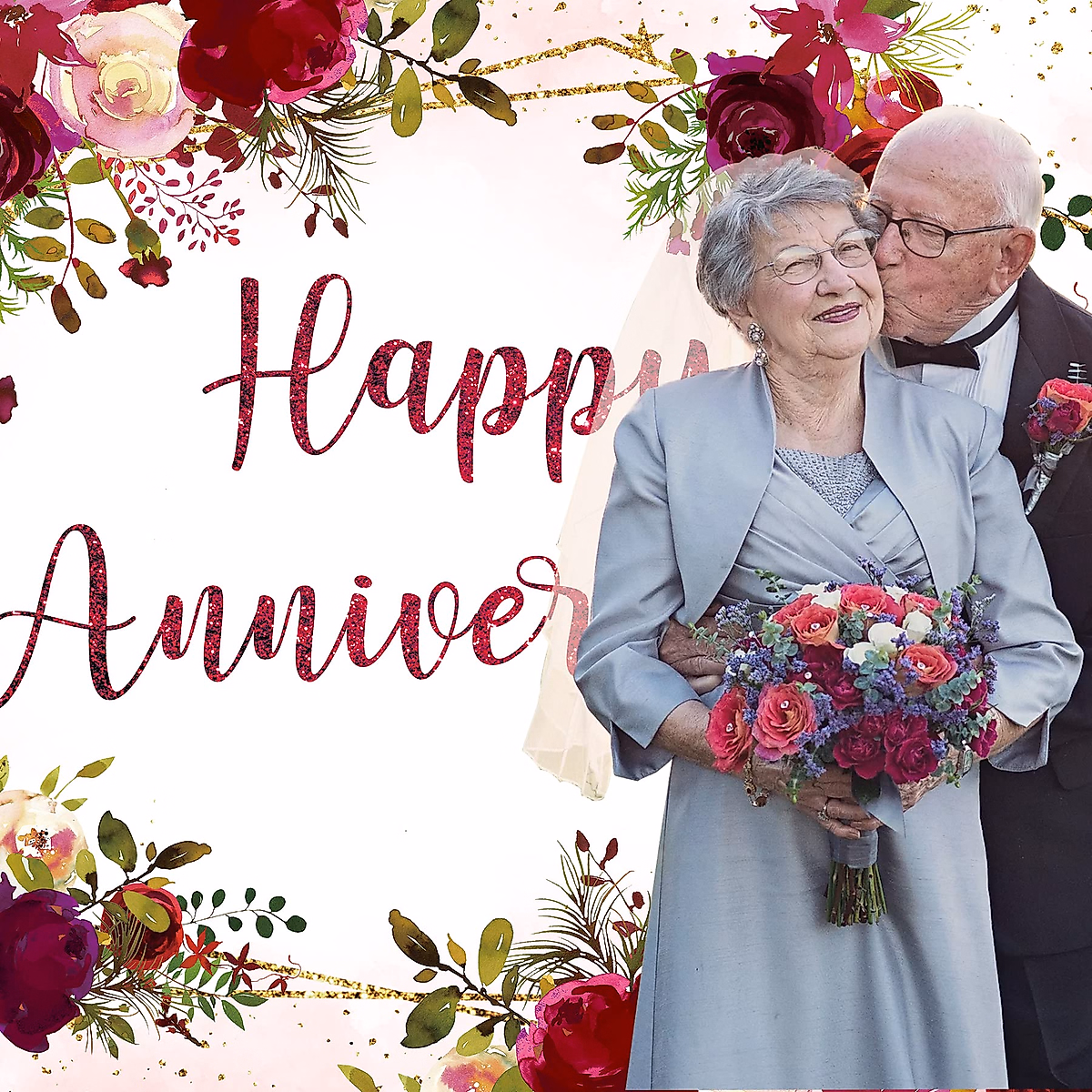 Homewelle Happy Anniversary Backdrop 7Wx5H Feet Polyester Fabric Elegant Burgundy Flower Rose Plant Botanical Decoration Green Leaves Gold Glitter Photography Background Photo Shoot Props