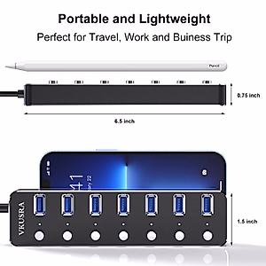 USB Hub, VKUSRA 7 Port USB Hub 3.0 with 4ft USB Long Cable, and Aluminum USB 3.0 Hub with Individual On/Off Switch and LED Indicator, USB Splitter for Laptop & PC, Power Adapter Not Included