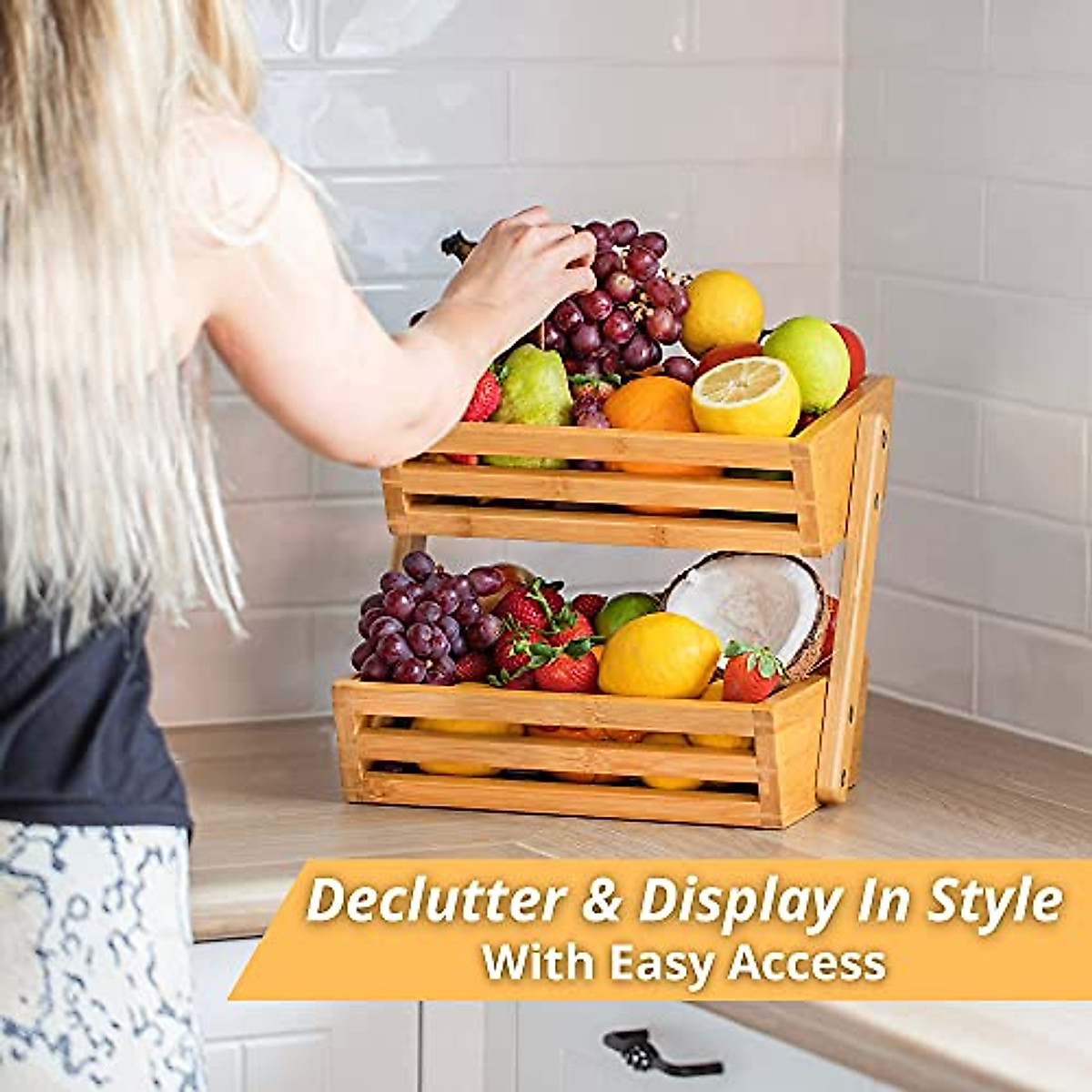 Golden Nature Bamboo Fruit Basket - 2 Tier Fruit Basket, Fruit Baskets For Kitchen Counter, Fruit Bowl, Fruit Stand, Banana Holder - Fruit Holder for Potato Storage, Onion Storage, Fruit & Veg Storage