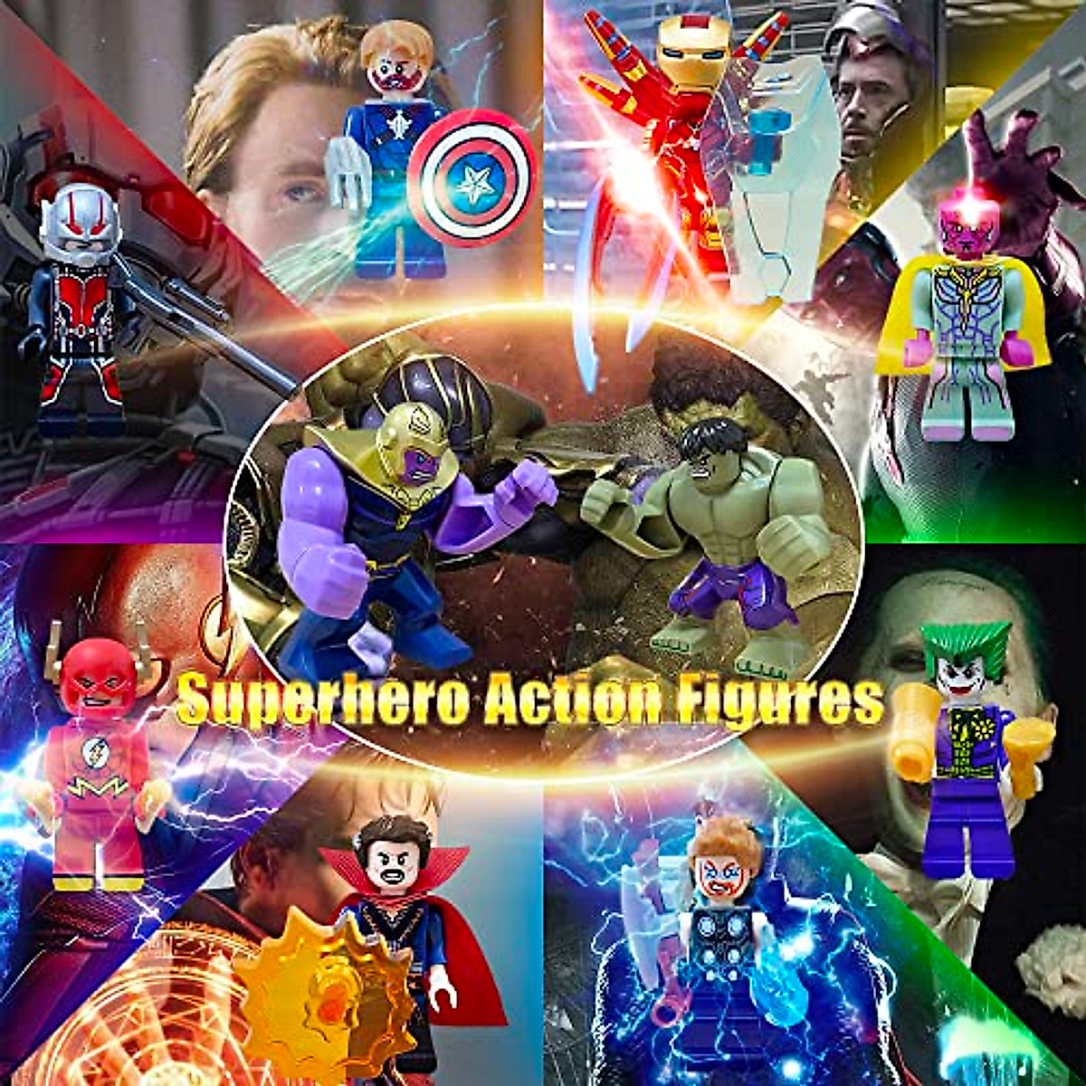 Mini Figures for Building Blocks Kit, 10 PCS Superhero Minifigures Stuffers Set with Bases, Action Figures Toys Gifts for Birthday, Christmas, Easter, Children's Day for Superhero Fans Kids Boys Girls