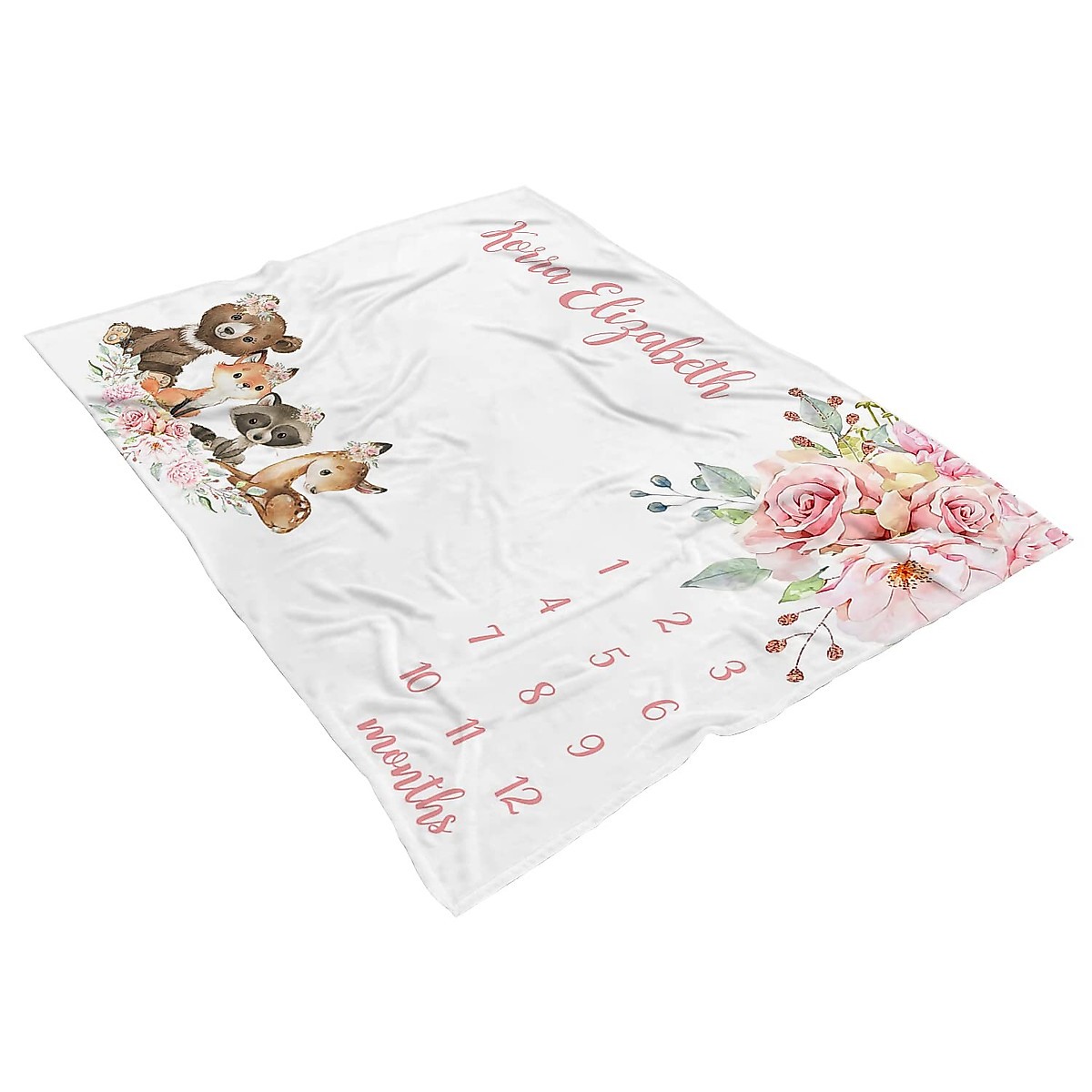 Floral Woodland Baby Monthly Blanket Girl, Personalized Girl Blanket Track Baby Growth, Monthly Growth Blanket, Woodland Baby Girl Blanket, Decor, Super Soft Plush Blanket for Baby 30x40