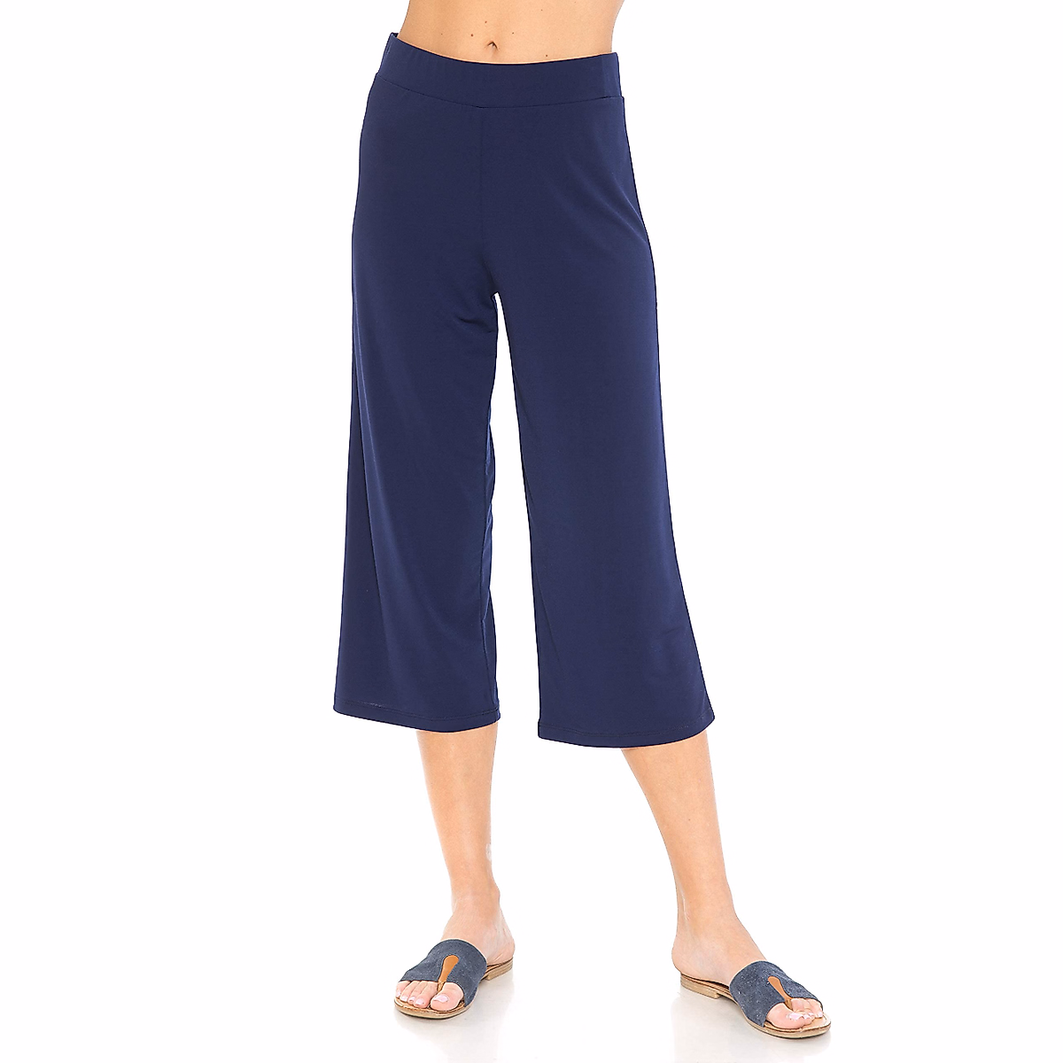 LEEBE Women and Plus Size Pull On ITY Knit Straight Wide Leg Pant (Small-5X) (2X, Crop Navy)