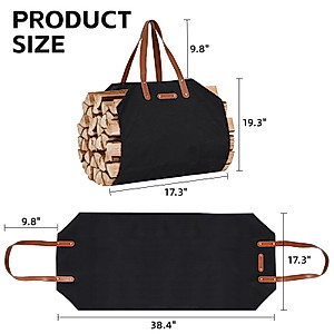 Permade Firewood Carrier with Real Leather Handles, Log Carrier for Firewood Canvas, 38.4x17.3inch Wood Carrier for Fireplace, Water Resistant Firewood Tote Bag, Stove, Outdoor Camping - Black