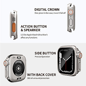 Yolovie 2 in 1 Waterproof Case Compatible for Apple Watch 45mm Screen Protector Series 9/8/7 [ Looks Like Ultra Style Case ] iWatch Tempered Glass Protective PC Back Cover Accessories 45mm, Titanium