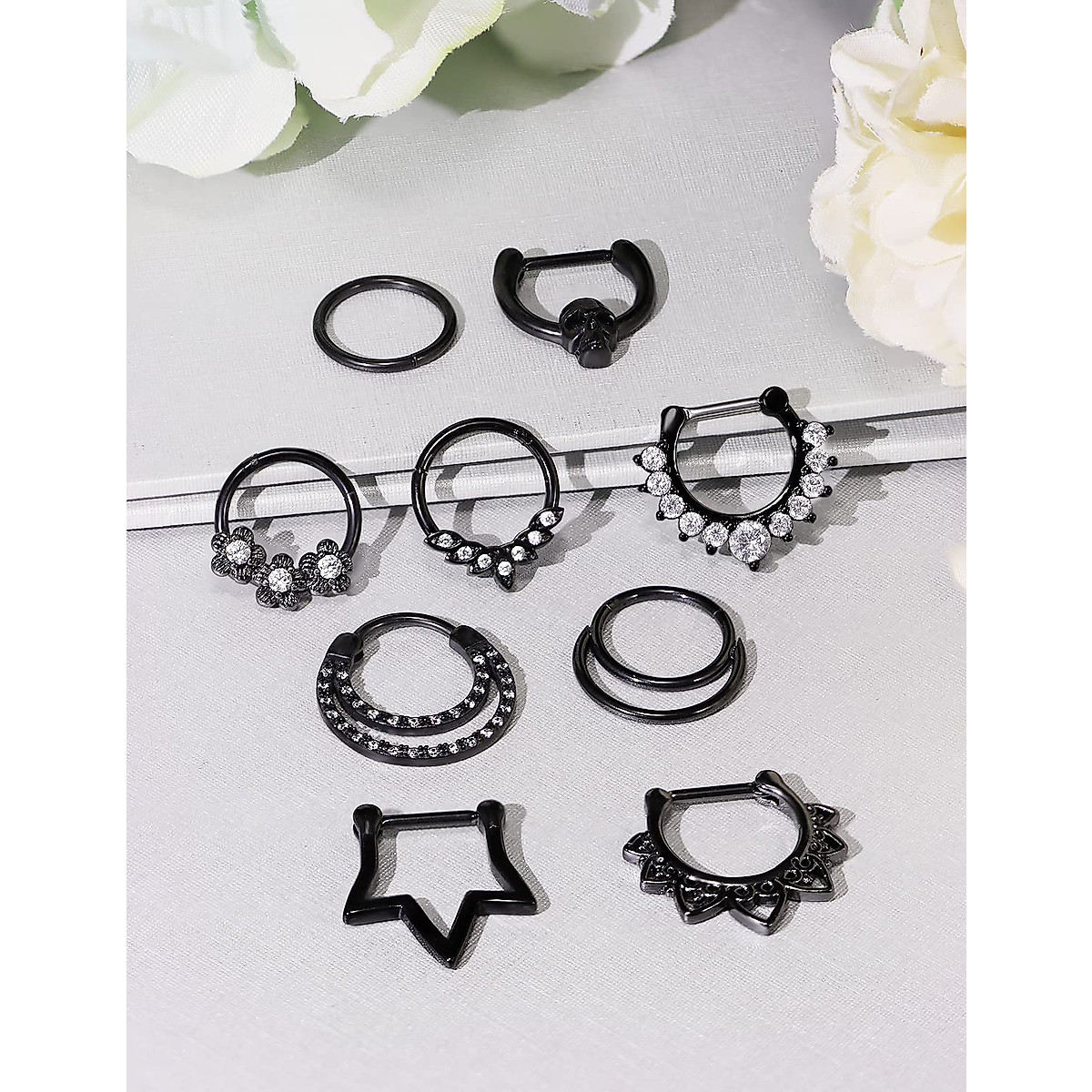 Vsnnsns 16G Septum Jewelry Septum Ring Piercing Jewelry Opal Septum Clicker Ring and Horseshoe Barbell Stainless Steel Ring Septum Nose Rings Hoop for Men Women Black 10mm 9pcs