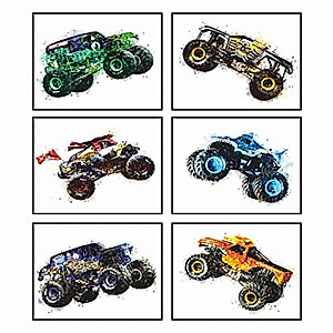 Monster Truck Posters For Boys Room, Set Of 6 Wall Art (UNFRAMED 8"x10") Trucks Poster Boys, Car Posters For Boys Room, Kids Room Wall Art, Car Poster
