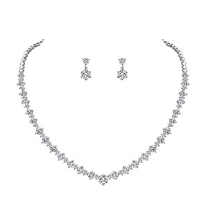 WeimanJewelry Silver/Gold Plated Women Cubic Zirconia Round Cut CZ Bridal Necklace and Drop Earring Set for Bride Wedding (Silver)
