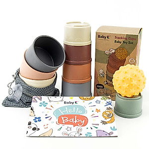 BABY K Baby Stacking Cups Toy (9 Pieces) - Silicone Stacking Cups for Babies 6-12 Months - Nesting Cups Baby Toy with Sensory Baby Ball Toy and Growth Journal - Stackable Cups for Baby Motor Skills