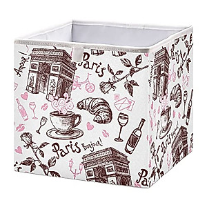 Romantic Paris Foldable Cube Storage Bins, 11 x 11 x 11 inches, Fabric Storage Baskets Bins for Nursery,Closet Shelf,Home Organization