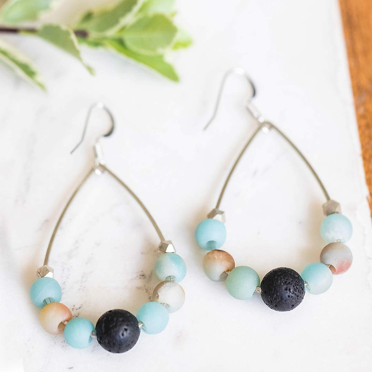 Subherban Essential Oil Earrings - MERMAID Aromatherapy Hoop Earrings with Lava Rock - Anti Stress & Anxiety Amazonite - Handmade Jewelry - Gifts for Women