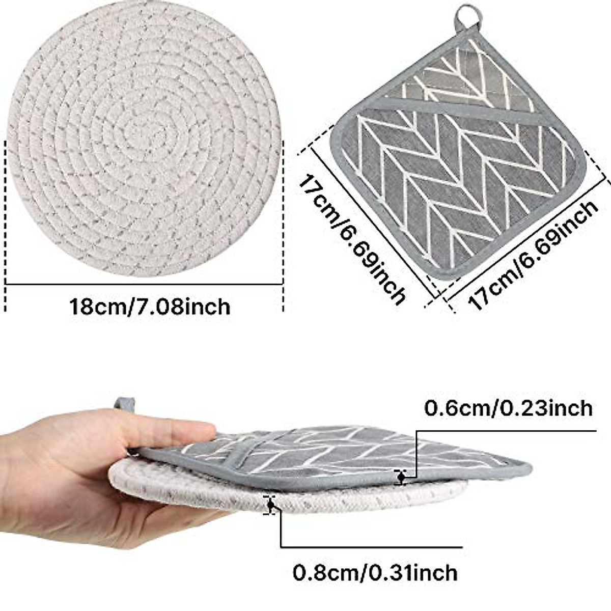 7 Pieces Square Pot Holders Washable Heat Resistant Pocket Mitt with Hanging Loop and Round Thread Weave Coaster Braided Drink Hot Pad Absorbent Woven Coaster for Kitchen Cooking Dinning