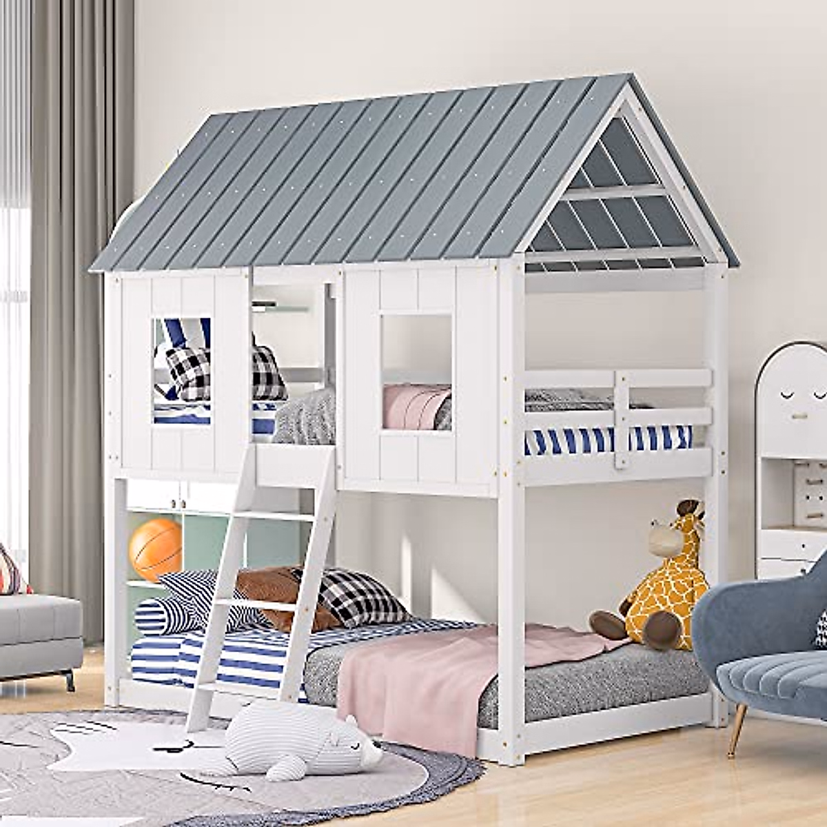 Polibi Twin-Over-Twin Wooden House Bed, Bunk Bed with Playhouse, Farmhouse, Ladder and Guardrails (White + Gray)