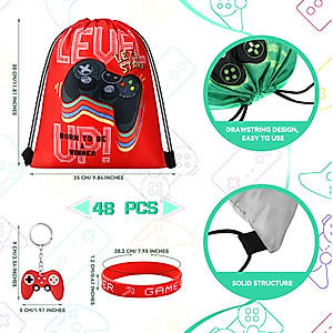 Hungdao 48 Pcs Video Game Party Favors 16 Gamer Party Drawstring Bags Gaming Goodie Bag 16 Wristbands 16 Keychains for Birthday Party