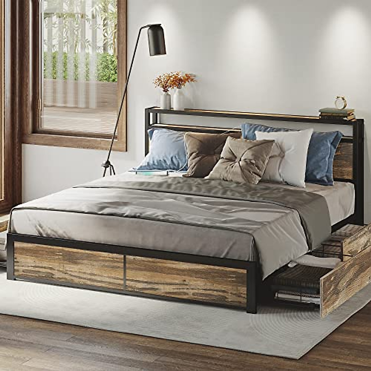 LIKIMIO Queen Bed Frame with Storage Drawer, 2-Tier Storage Headboard with Charging Station, No Box Spring Needed, Easy Assembly, Rustic Brown